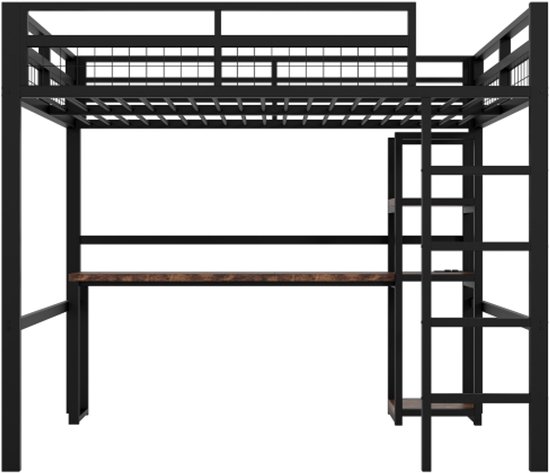 Hoogslaper, 140 x 200 cm, ijzeren frame, meerdere legplanken, bureau ...