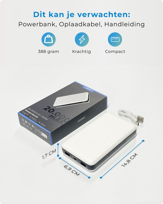 Voomy Powerbank 20000 mAh - 100W Snellader - Geschikt voor Laptop ...