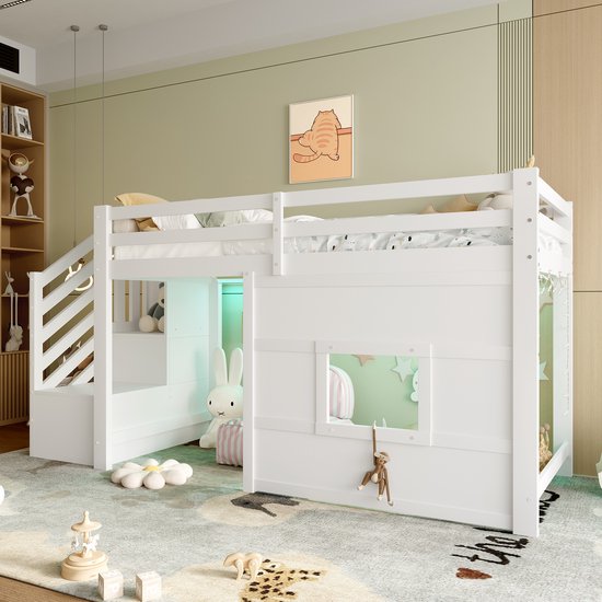 90x200 cm broodbed met opbergtrap en raam - wit - zonder matras | bol