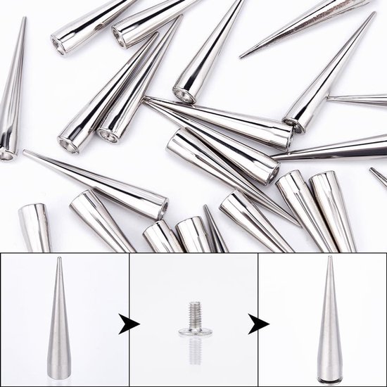 30 stuks zilveren cone spikes klinknagels 7 x 38mm - Punk DIY rock accessoires | bol