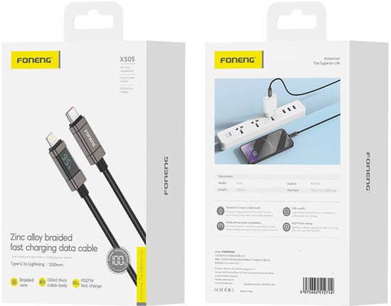 Foneng Xs05 Pd27W Usb-C Naar Lightning-Kabel, 1,2 M (Zwart) | bol