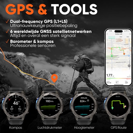 Synyq GPS Pro Smartwatch Heren - 53mm - AMOLED - 5ATM Waterdicht - GPS ...