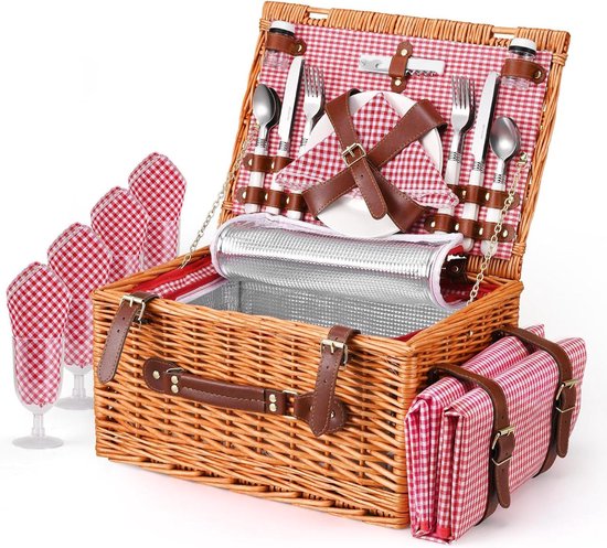 Wicker Picnic Basket for 4 People with Waterproof Picnic Blanket and ...
