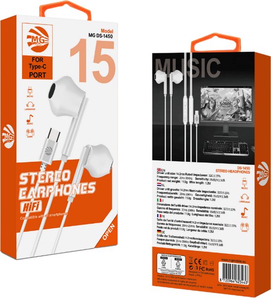 MG DS1450 Stereo Earphones - HiFi Type-C aansluiting - Wit - met draad ...