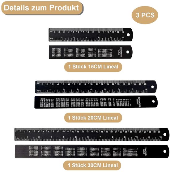 Ruler 15 cm 20 cm 30 cm - 3 Pieces Metal Rulers - Double Sided Side ...