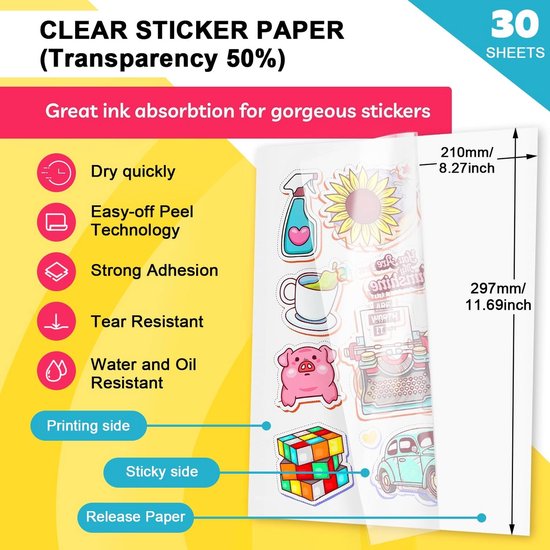 30 Vel A4 Transparant Zelfklevend Papier Inkjet & Laser - Waterdicht ...