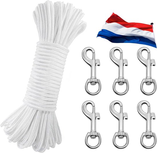 20M Flagpole Rope - Nylon Flag Rope - 6mm Flagrope met 6 Flaghooks ...