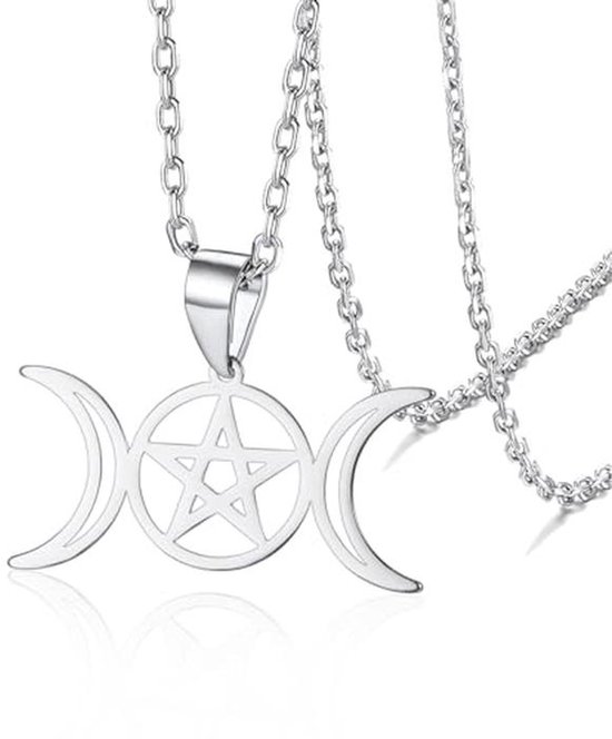 Triple Moon Godin Ketting met Pentagram Amulet - Roestvrij Staal ...