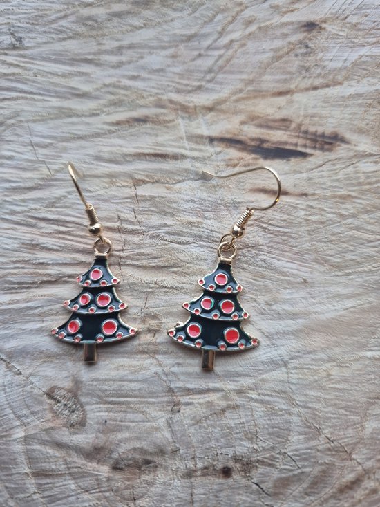 Oorhangers met een kerstboom met rode ballen erin, 1 setje | bol