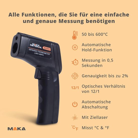 Infraroodthermometer met Laser -50 tot +600 °C - Warmtemeter met ...