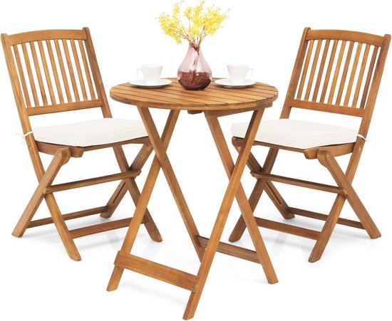 Bistroset met inklapbare tafel en stoelen van acaciahout met kussens ...