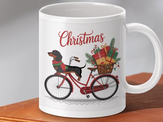 Mok Merry Christmas Teckel op Fiets, Kerst Mok, Hondenliefhebber Cadeau ...