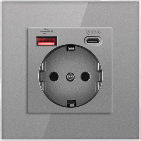 Grijs Inbouw Stopcontact met USB-A + USB-C – Luxe Glazen Front ...