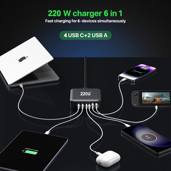 "Meervoudige USB-C-oplader, 220 W, 6-poorts laadstation【4 USBC + 2 USBA ...