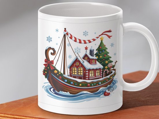Mok Kerst boot huis mok, Viking schip Kerstboom, Kerstman elf op boot ...