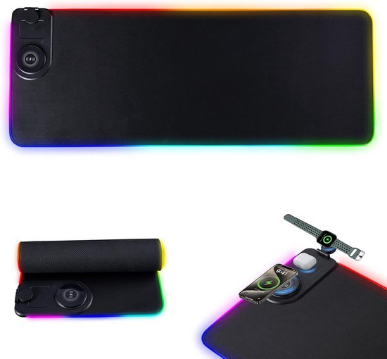 Grote RGB Gaming Muismat met 15 Lichteffecten en 15W Draadloos Opladen ...