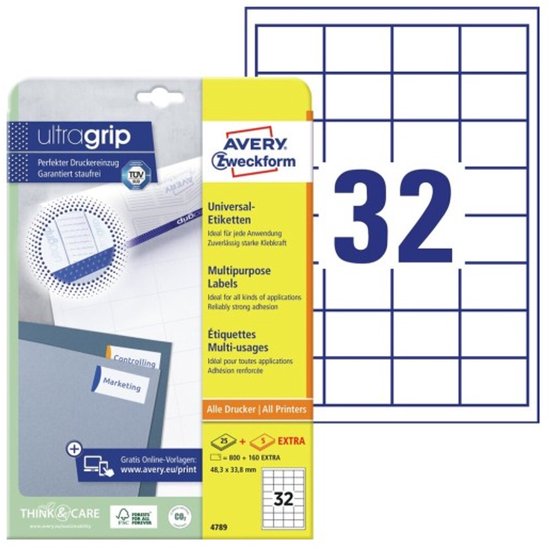 Avery 4789, Wit, Rechthoek, Permanent, A4, Universeel, Papier | bol