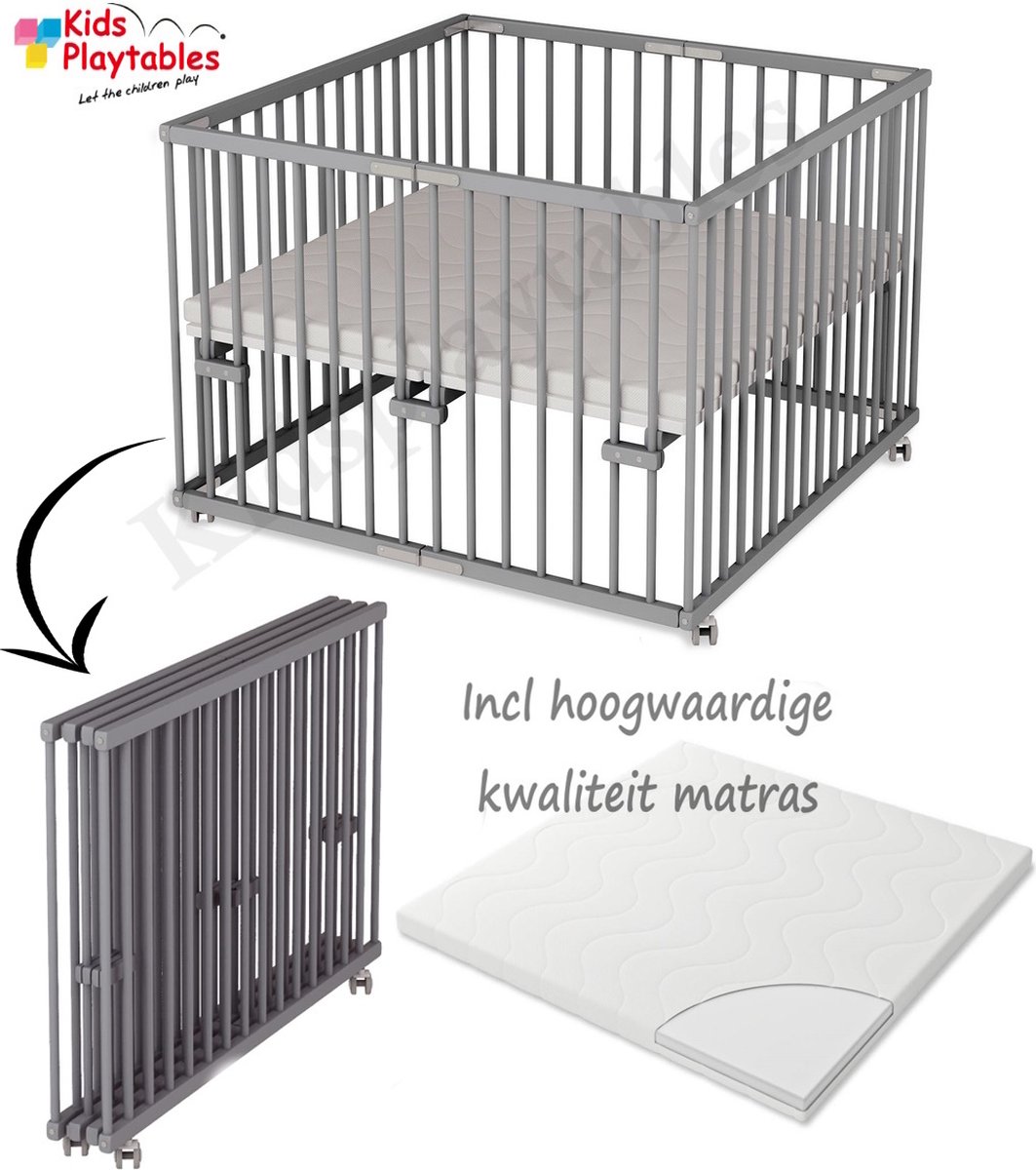 SÄMANN® inklapbare Baby box 100x100 met matras kleur grijs met een in ...