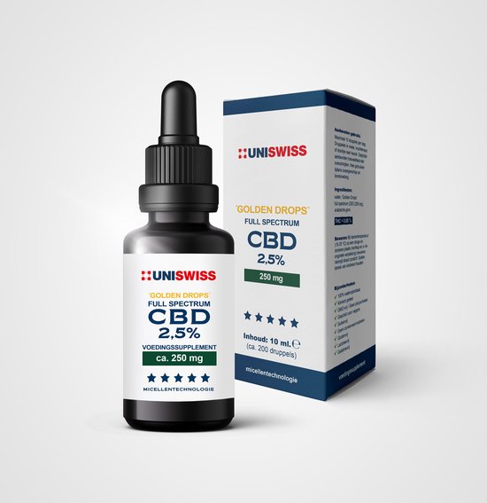Uni Swiss - CBD Olie - CBD Full Spectrum 2,5% Golden Drops - 10ML - 200 ...