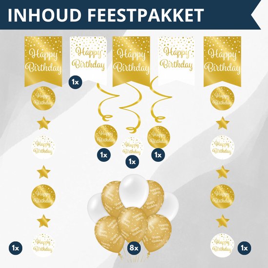 Feestpakket Verjaardag Versiering Happy Birthday! - Goud - Wit - 14 ...
