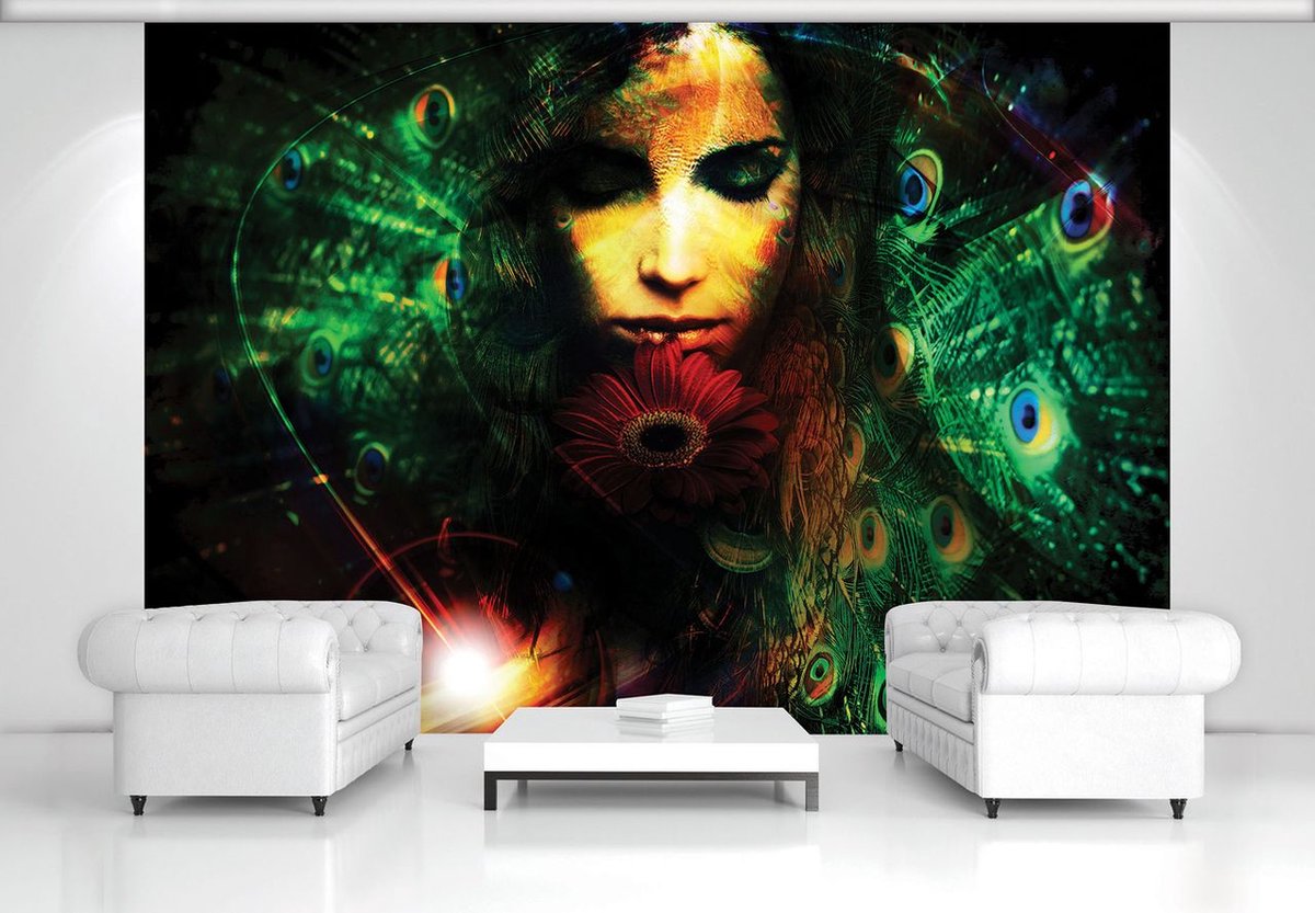 Fotobehang - Vlies Behang - Vrouw, Pauwveren en Bloem Kunst - 254 x 184 cm | bol.com