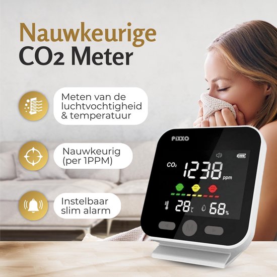 PiXXO® CO2 meter & Hygrometer voor Binnen - Instelbaar Slim Alarm ...