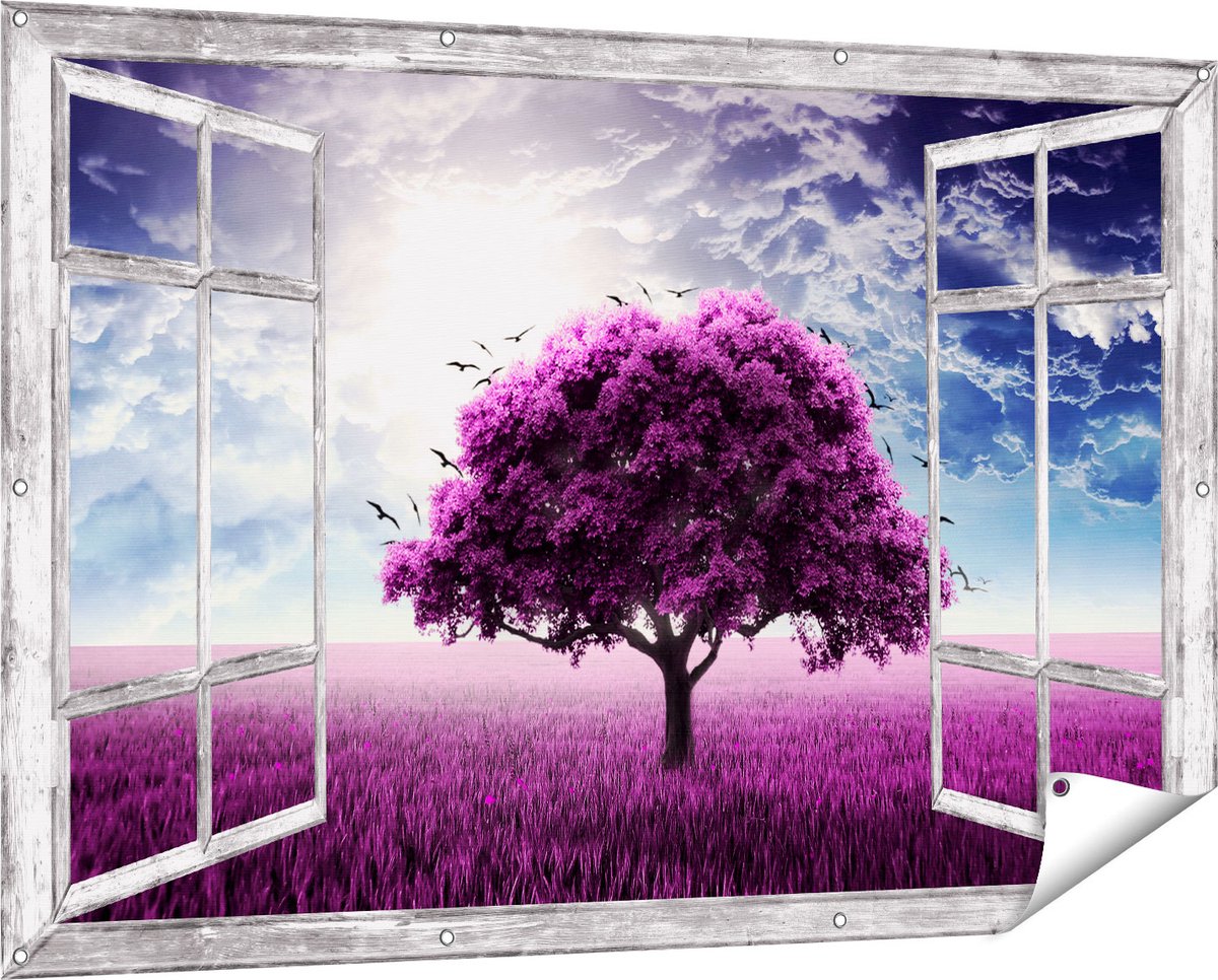 Gards Tuinposter Doorkijk Paarse Boom in het Paars Veld met Vogels ...