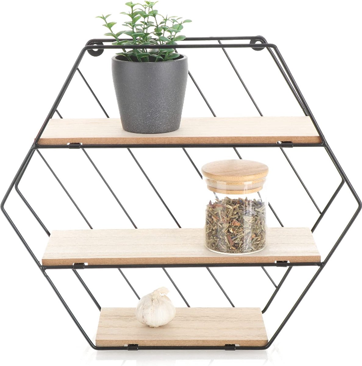 Wandrek van metaal en hout, met 3 planken, zwart zwevend rek in ...