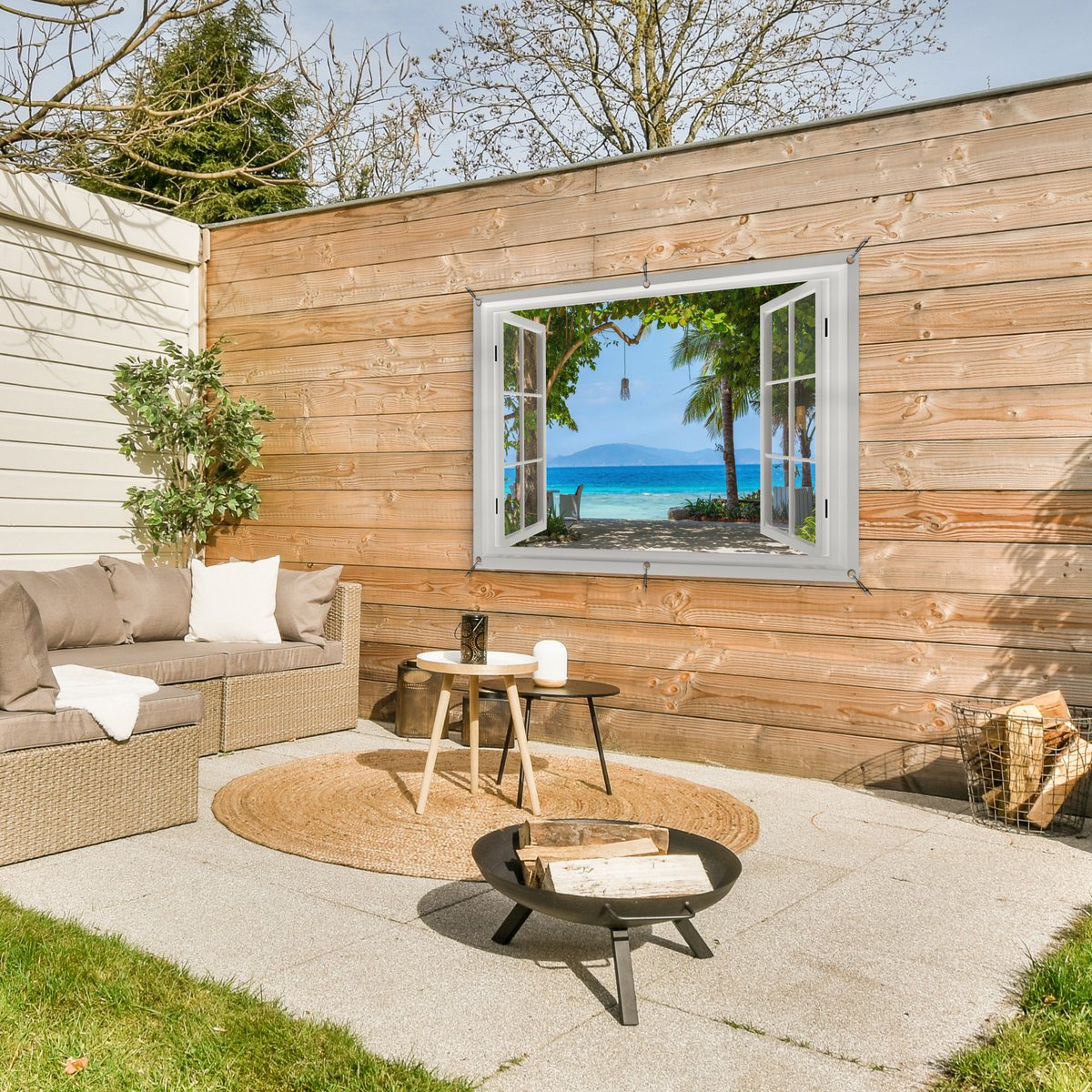 Tuinposter raam - Doorkijk - Strand - Zee - Natuur - Palmbomen - Berg - Tuindecoratie... | bol.com