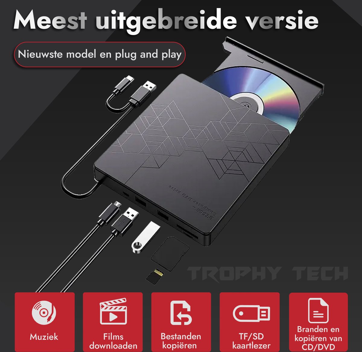 Trophy tech® Externe DVD Speler en Brander - CD/DVD - Plug & Play - USB ...