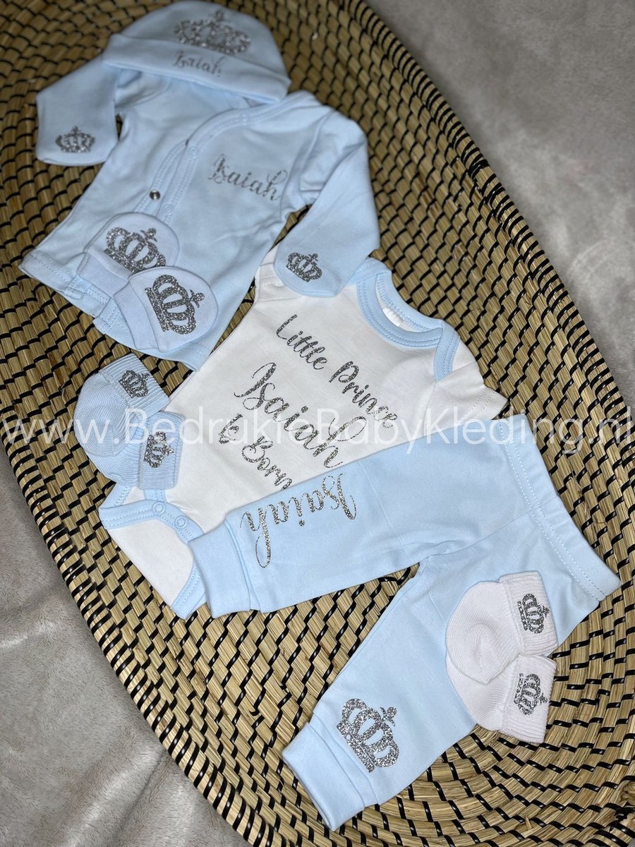 Bedrukte Baby Kleding - 6 Delig geboorte Pakje - Met Naam - Blauw ...