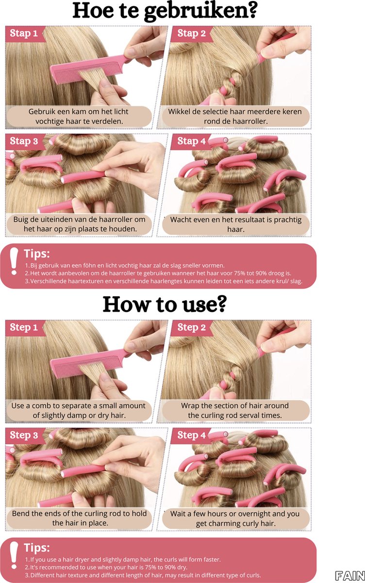 Fain Papillotten Haarkrullers – Ø 14 mm - 10 Stuks – Roze – Incl ...