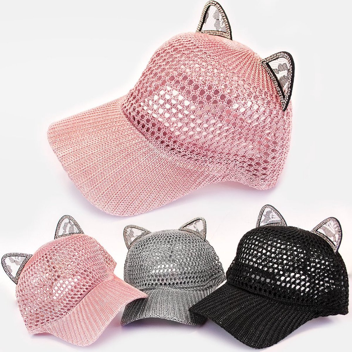 Cat Ear Baseball Cap – Zilver – Onesize - Mesh pet met kattenoortjes ...