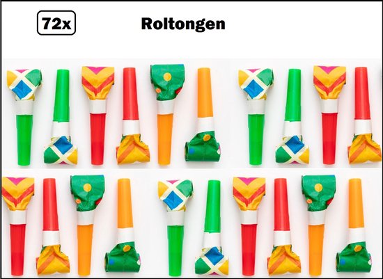 72x Roltongen assortie kleuren - Verjaardag festival thema feest toeter ...