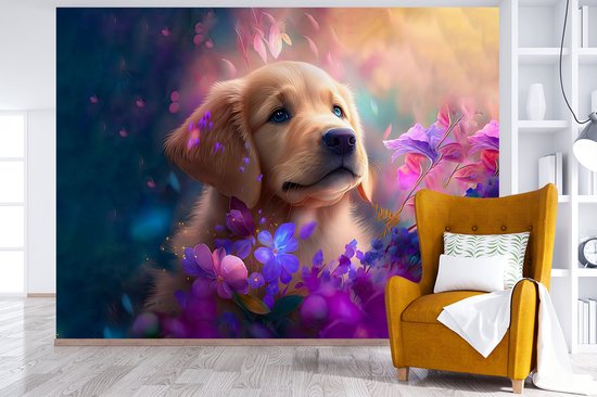 Behang - Fotobehang Hond - Puppy - Zon - Bloemen - Golden retriever - Breedte 320 cm x... | bol