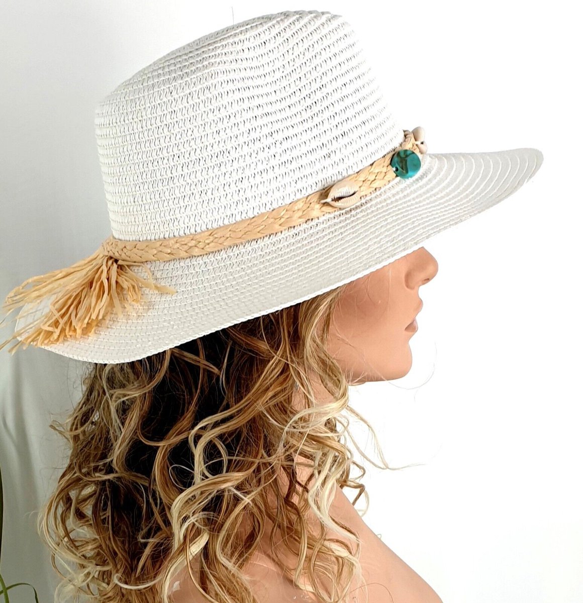 Zomerhoed strohoed strandhoed kleur wit met steentjes en schelpjes ...