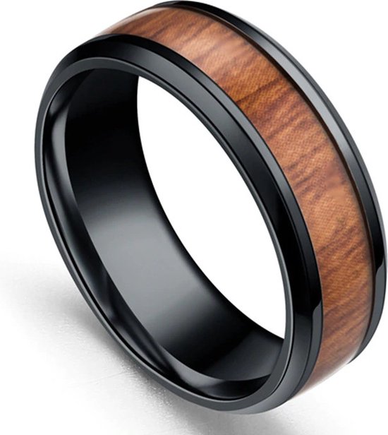 Ring Heren Zwart ingelegd met Hout - Staal - Ringen Mannen Dames ...