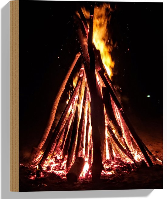 Hout - Fel Brandend Kampvuur op het Strand in de Nacht - 30x40 cm - 9 ...