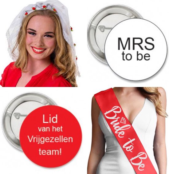 Vrijgezellenfeest set rood wit met diadeem met sluier, sjerp en buttons ...