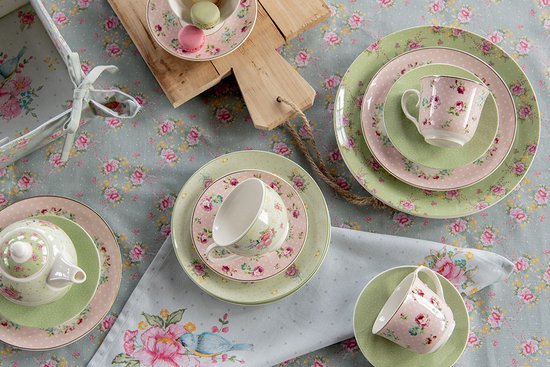 Clayre & Eef Ontbijtbord Ø 20 cm Groen Beige Porselein Rond Bloemen Bord | bol