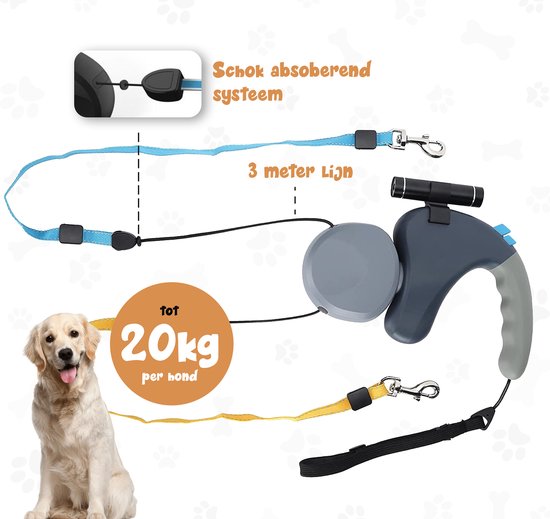 Dubbele Hondenriem - Voor 2 honden – Leiband Hond – 3 Meter – tot 20kg ...