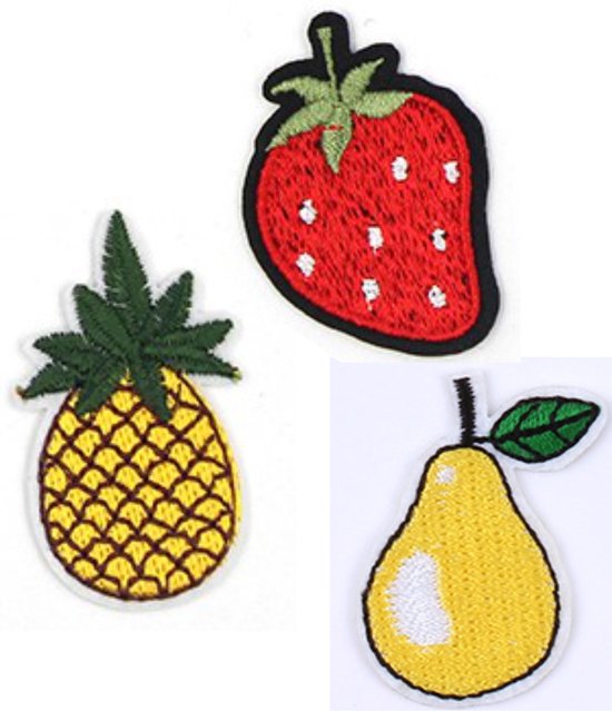 set patches fruit 3- opstrijk embleem - patch aardbei- patch ananas- patch peer | bol
