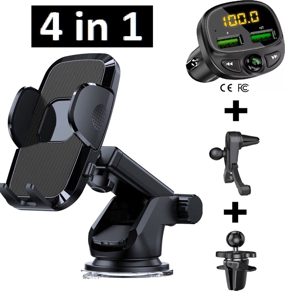Premium 4-in-1 Delige Set - Telefoonhouders Auto 3-in-1 en Bluetooth FM ...