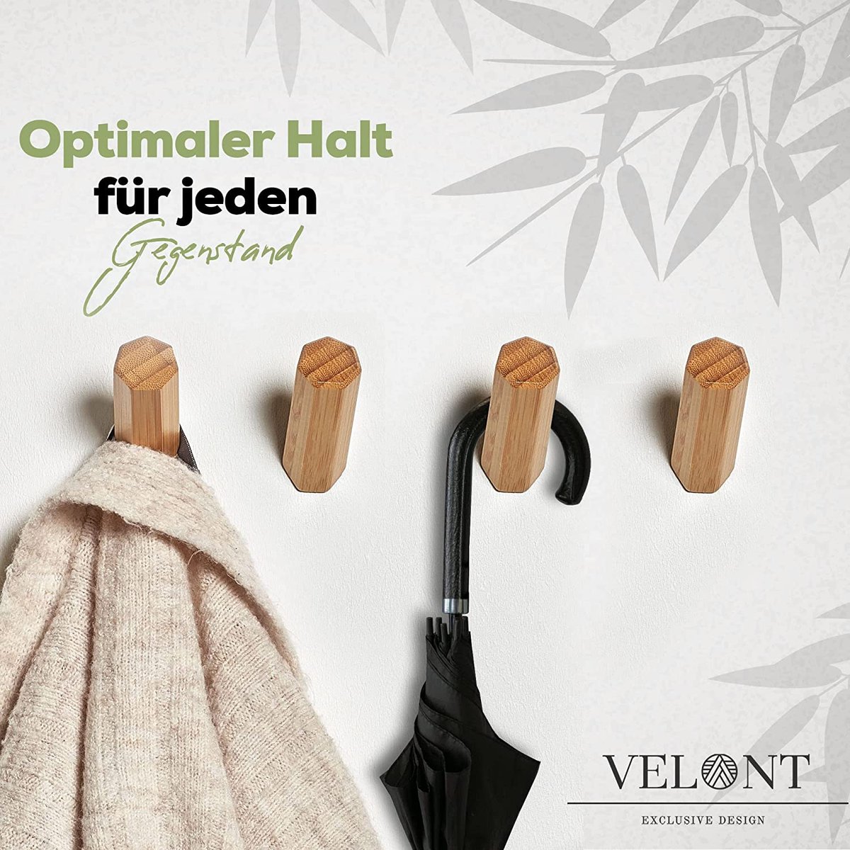 VELONT Bamboe wandhaken - set van 4 - bamboe garderobehaken in ...
