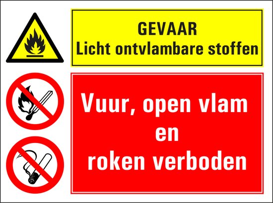 Licht ontvlambare stoffen, vuur open vlam en roken verboden bord 280 x ...