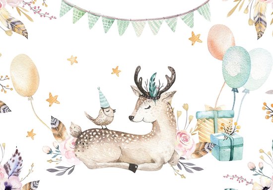 Fotobehang - Vlies Behang - Hert en Vogeltje met Ballonnen en Slingers ...