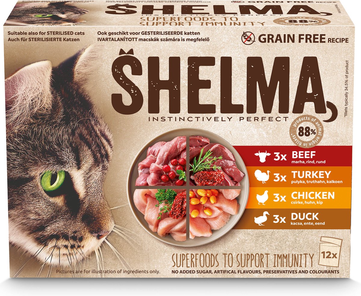 Shelma kattenvoer - natvoer filets in saus met kip - rund - eend en ...