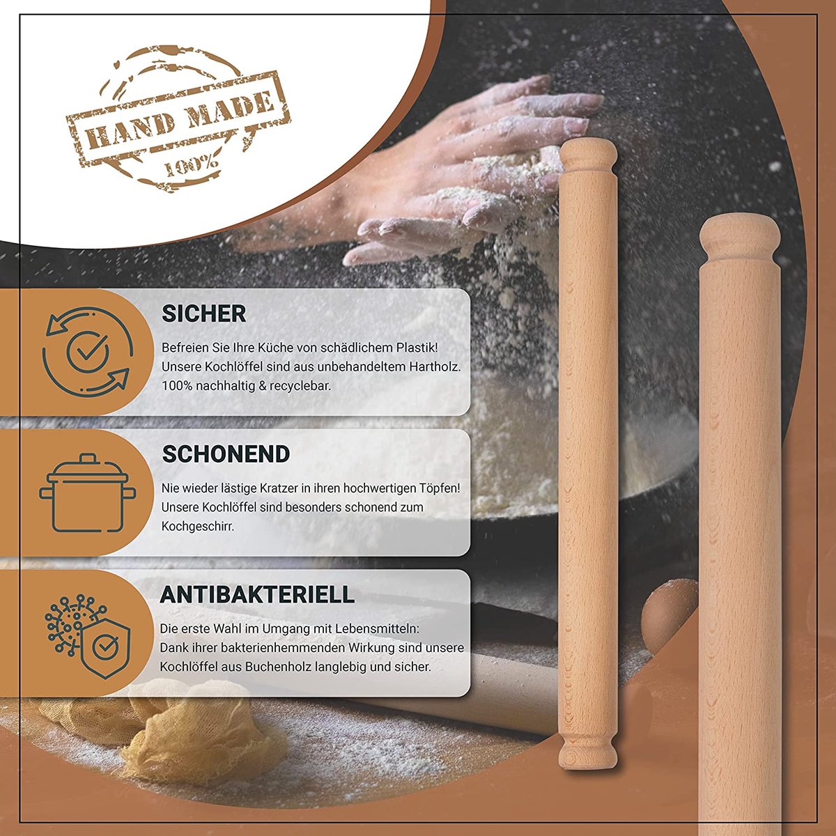 Deegroller hout – houten deegroller - rolhout | bol.com