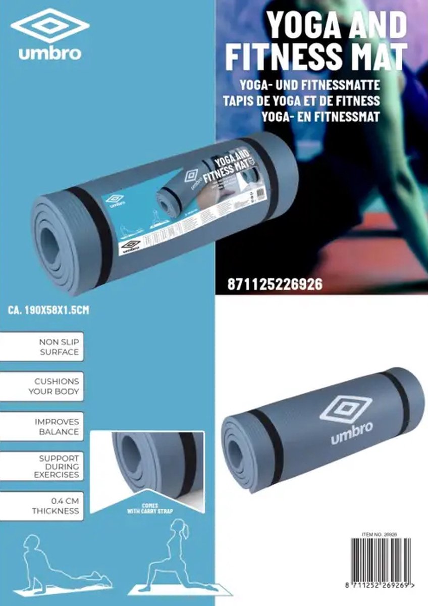 Umbro Yoga Mat - 190 x 58 x 1 CM - met Transport Band - Extra Soft en 1 CM Dik -... | bol.com