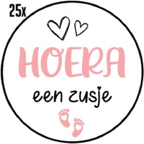 25x Sluitsticker Hoera Een Zusje - Roze - 40 mm - Geboorte Sticker ...